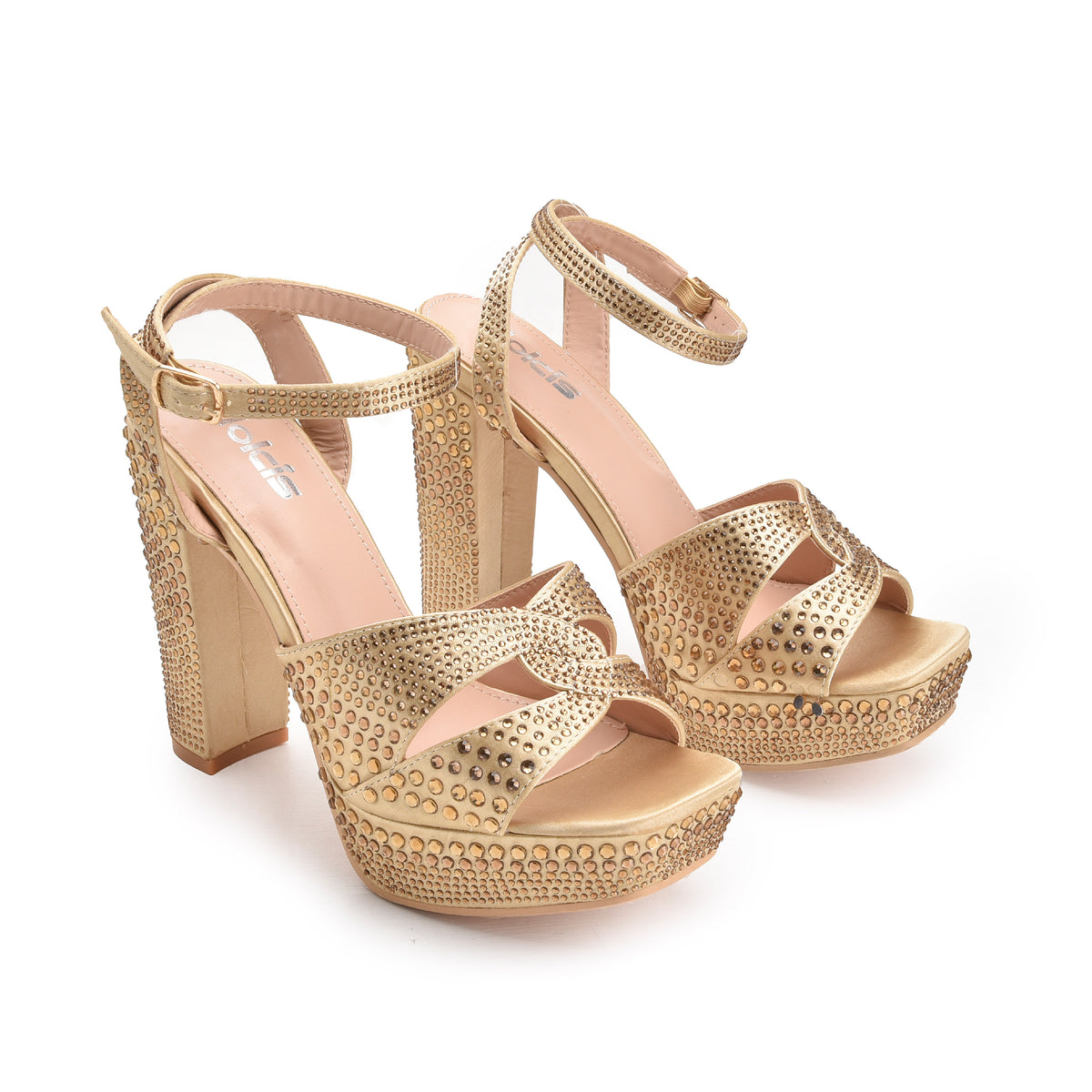 Glamorous Gold Block Heel Sandals with Rhinestones | 262G-X Dolcis ...