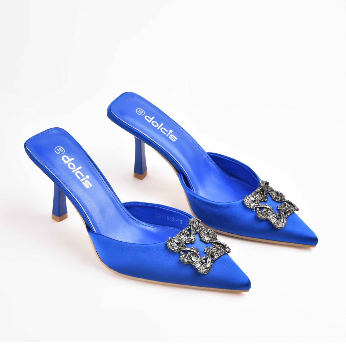Chic Royal Blue Satin Mules with Crystal Embellishment | 466M-Q Dolcis ...